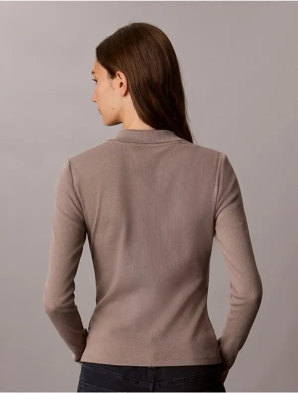Calvin Klein Woven Monologo Long Sleeve Polo Shirt - Cinder
