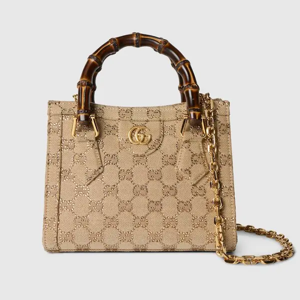 Gucci Diana Crystal Small Tote Bag Original Gg Fabric - Beige