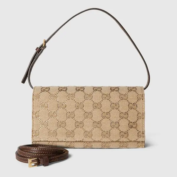 Gucci Crystal Small Pouch With Strap Original Gg Fabric - Beige