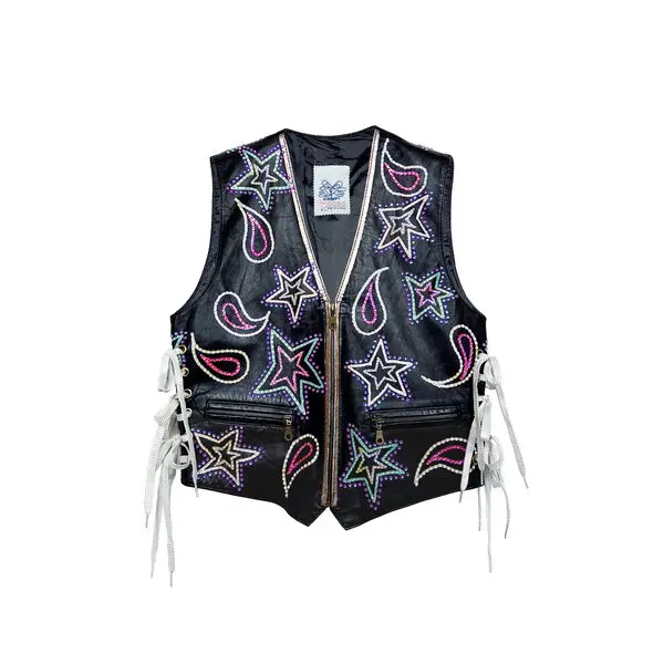 ACID CAT Paisley Dream Kitty Rhinestone Lace Up Leather Vest