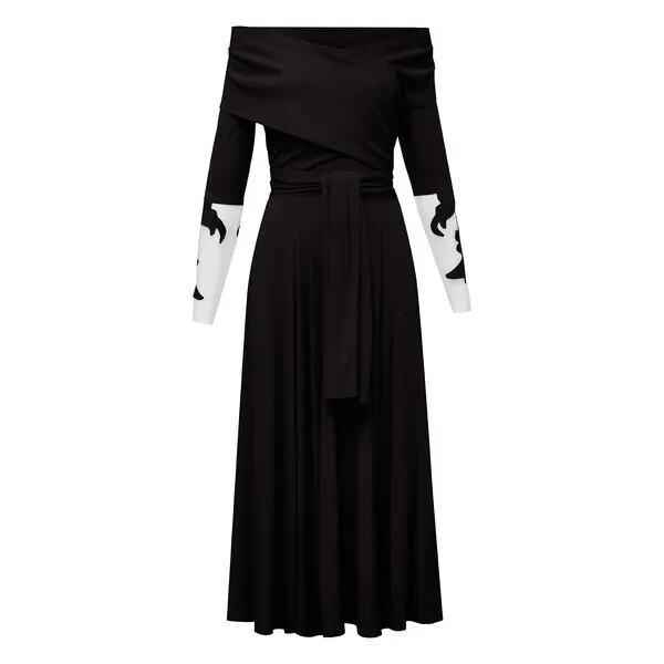 ALINA CERNATESCU Rimini Classic Flared Midi Adjustable Dress With Embroidered Sleeves - Black