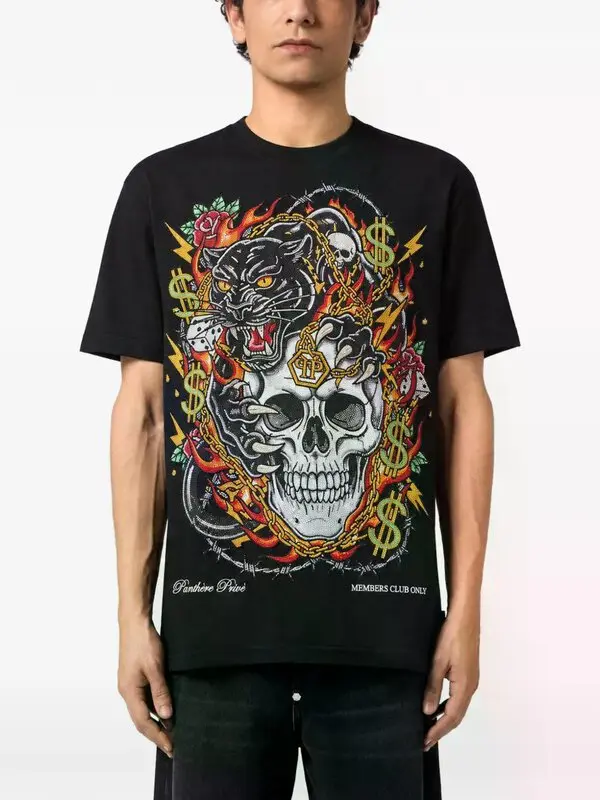 Philipp Plein Round-neck T-shirt Panther-skull Strass