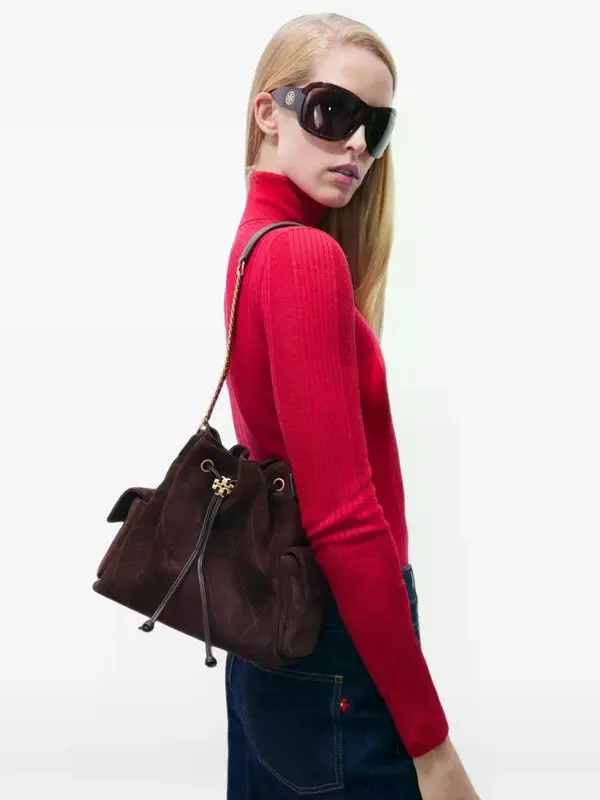 Tory Burch Charlie Quilted Suede Drawstring Shoulder Bag