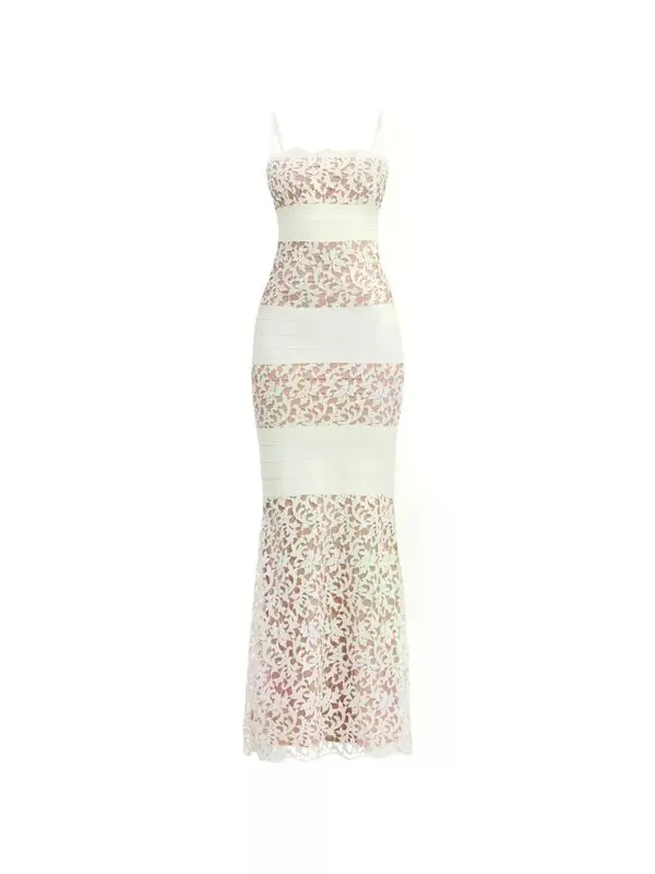 Herve Leger Marielle Guipure Lace-overlay Bandage-knit Maxi Dress - Neutrals