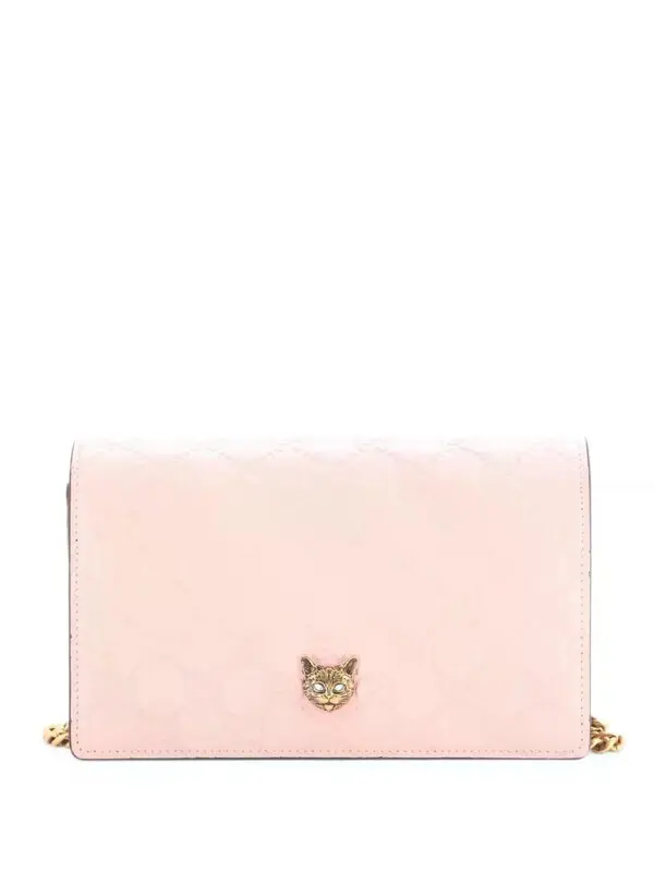 Gucci Crystal Cat Wallet On Chain Guccissima Leather Crossbody Bag - Pink