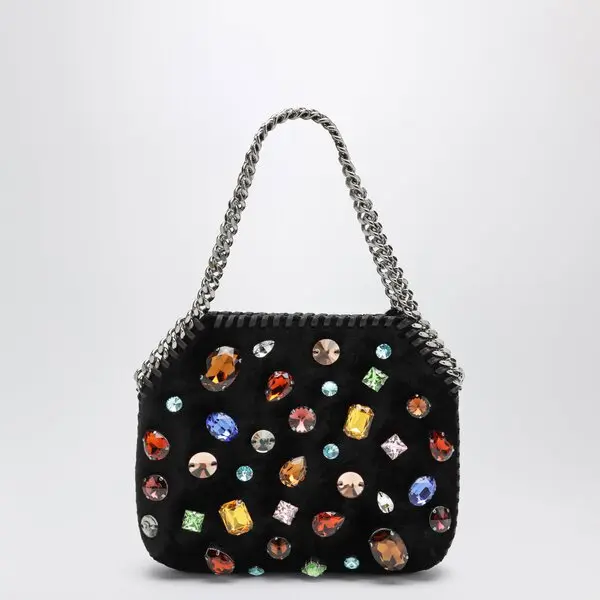 Stella McCartney Falabella Tiny Shoulder Bag In Velvet With Crystals - Black