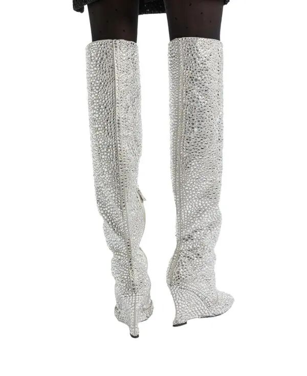 Balmain Wedge Thigh-high Satin Boots With Crystals