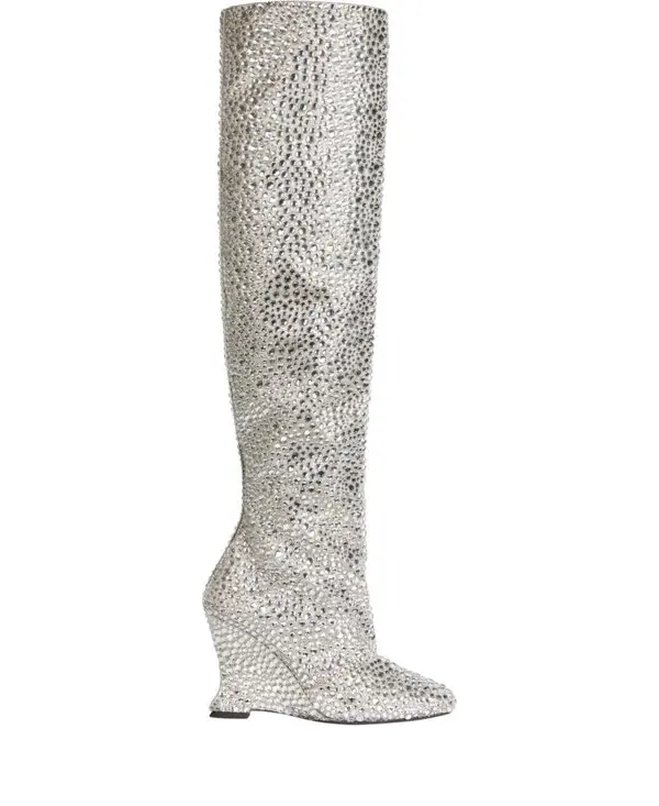 Balmain Wedge Thigh-high Satin Boots With Crystals