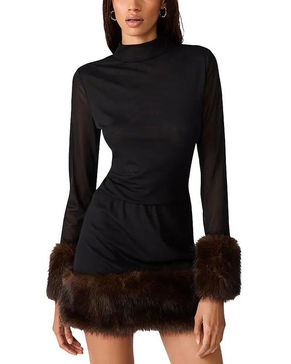 Steve Madden Lilienne Sheer Faux Fur Trim Top - Black
