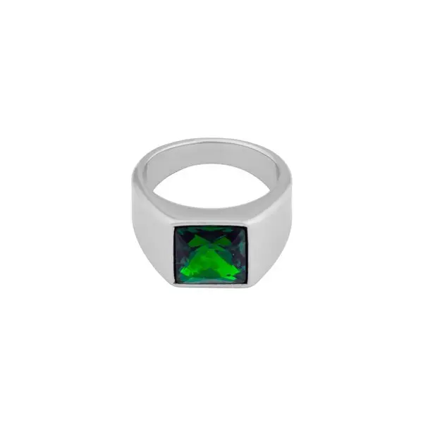 OUTRAGE LONDON Green Stone Signet Ring - Silver