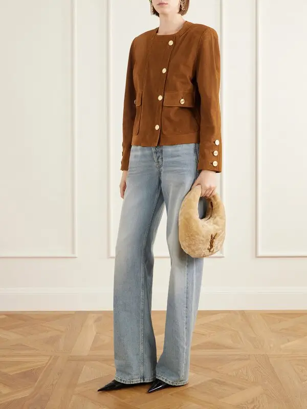 Saint Laurent Icarino Cassandre-embellished Shearling Mini Bag