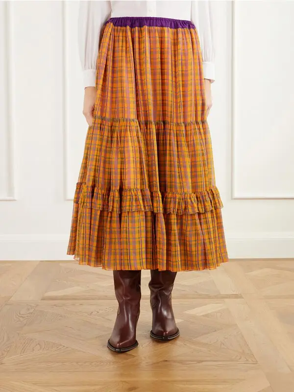 Chloé Ruffled Tiered Checked Silk-mousseline Midi Skirt