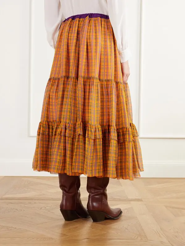 Chloé Ruffled Tiered Checked Silk-mousseline Midi Skirt