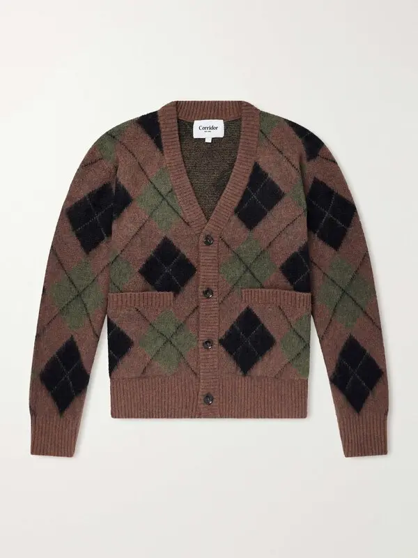 CORRIDOR Brushed Argyle Jacquard-knit Cardigan