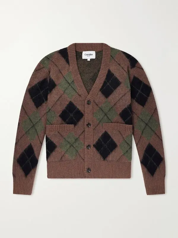 CORRIDOR Brushed Argyle Jacquard-knit Cardigan