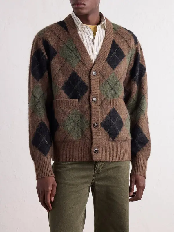 CORRIDOR Brushed Argyle Jacquard-knit Cardigan