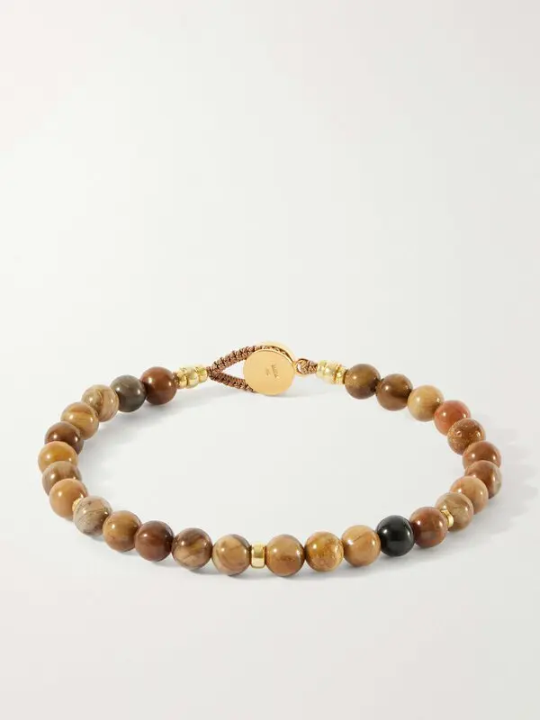 MIKIA Circle 8 Gold-plated Sterling Silver, Petrified Wood And Flint Beaded Bracelet - Brown
