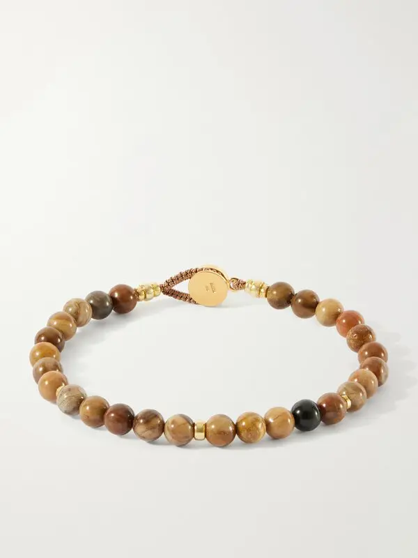 MIKIA Circle 8 Gold-plated Sterling Silver, Petrified Wood And Flint Beaded Bracelet - Brown