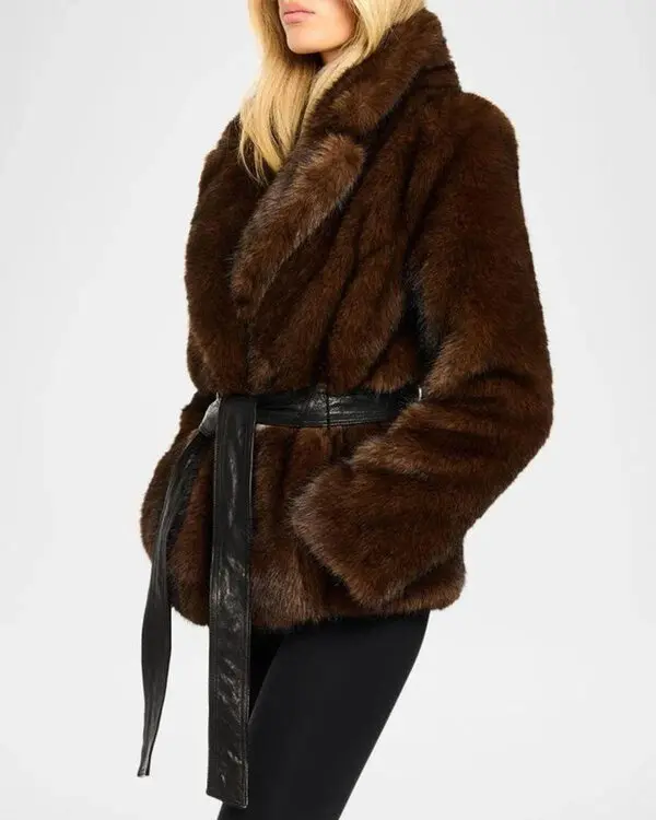 Sam. Kenzie Faux Fur Jacket With Leather Belt - Mink