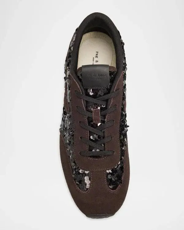 Rag & Bone Sequined Suede Retro Runner Sneakers - Dark Choco