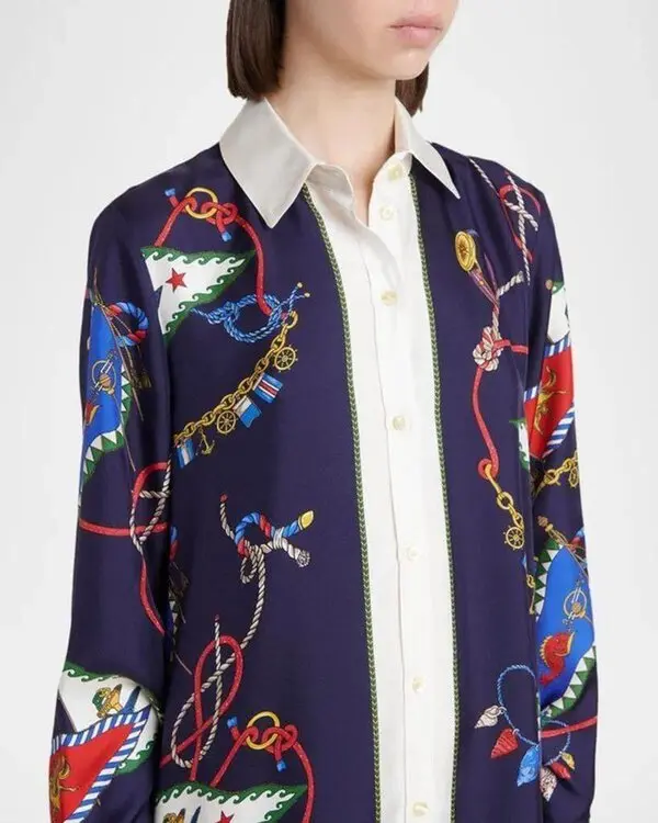 Etro Nautical Print Silk Long-sleeve Midi Shirtdress - Print On B