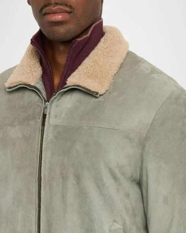 Canali Apos;s Shearling-collar Suede Jacket - Olive
