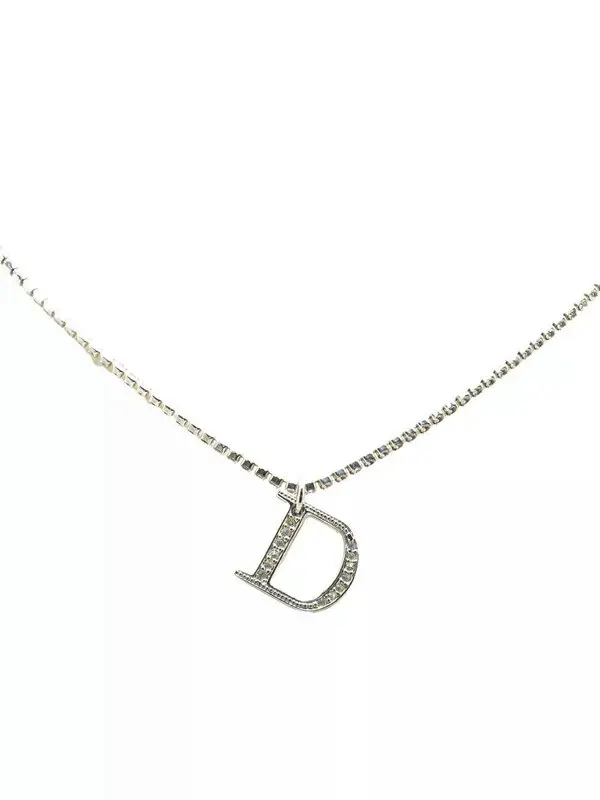 Dior 20th Century Double Chain Crystal D Logo Pendant Necklace Costume Necklace - Silver