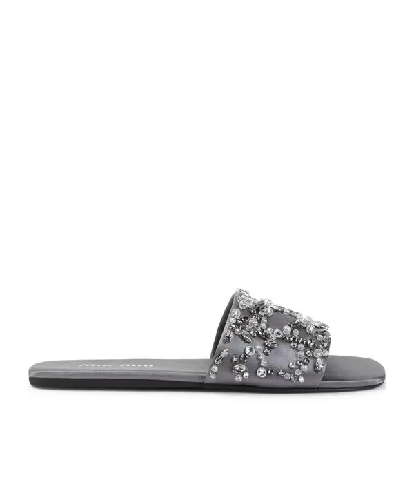Miu Miu Slider Crystal-embellished Satin Sandals - Gray