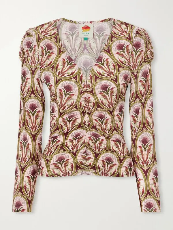 Farm Rio Garden Medal Printed Gathered Jersey Blouse - Neutrals