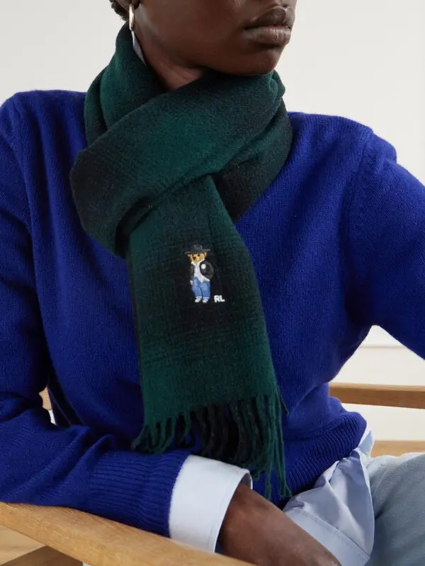 Polo Ralph Lauren Logo-embroidered Fringed Checked Wool Scarf