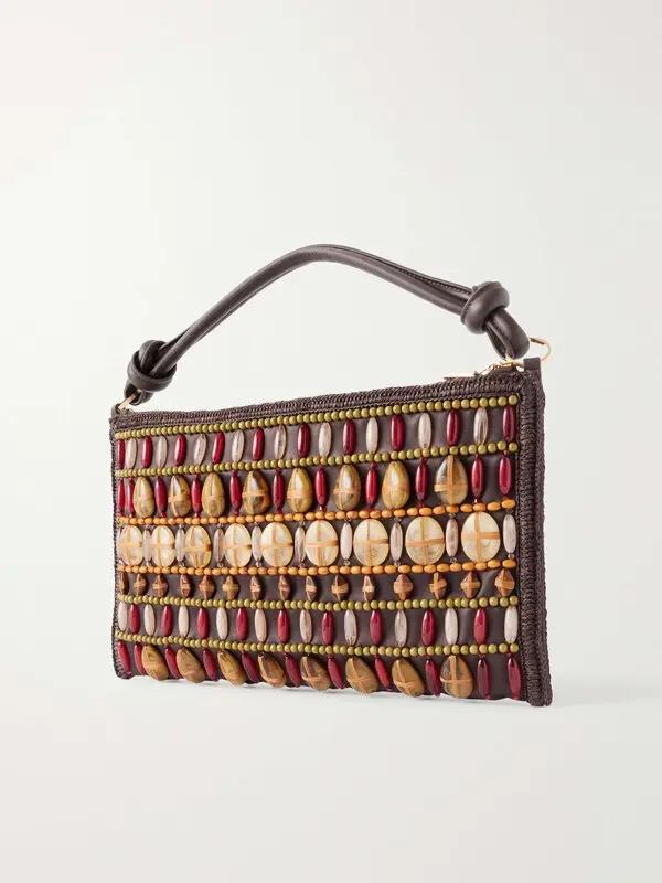 Cult Gaia Hera Bead-embellished Leather And Raffia-trimmed Satin Shoulder Bag