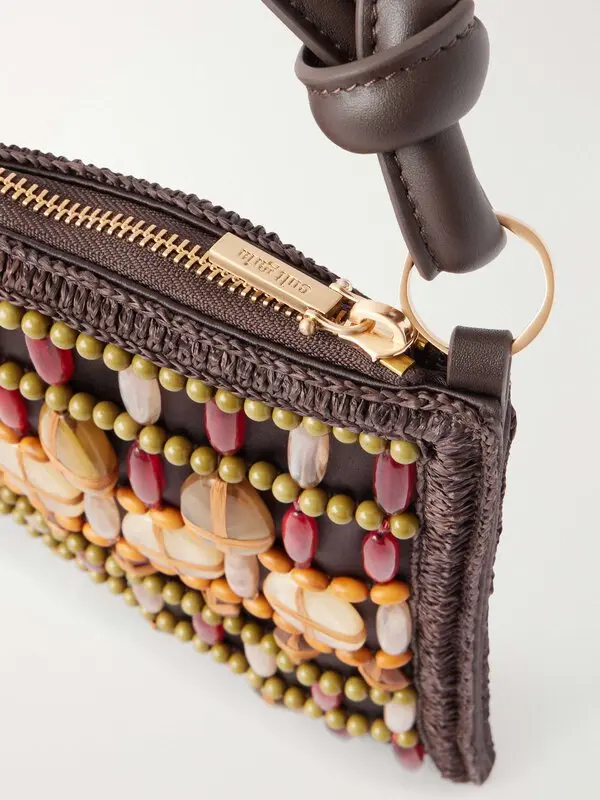 Cult Gaia Hera Bead-embellished Leather And Raffia-trimmed Satin Shoulder Bag
