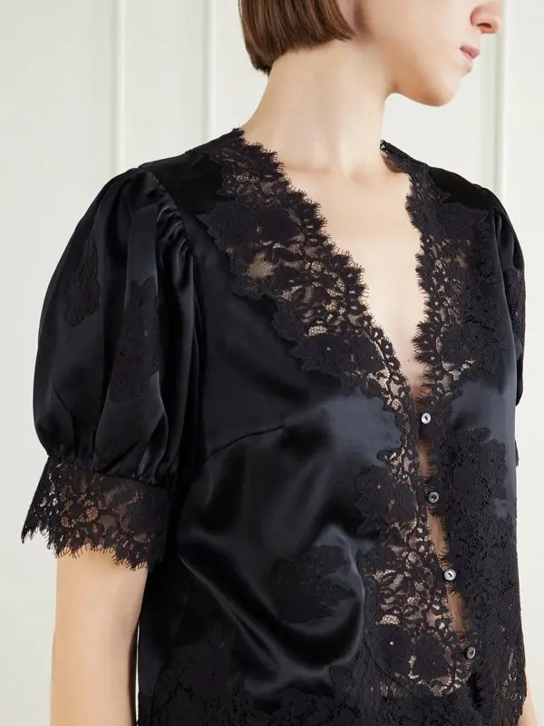 DÔEN Idella Lace-trimmed Silk-satin Blouse - Black