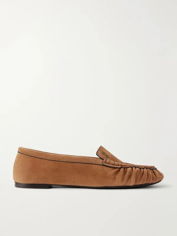 Saint Laurent Loaferino Gathered Suede Ballet Flats - Brown