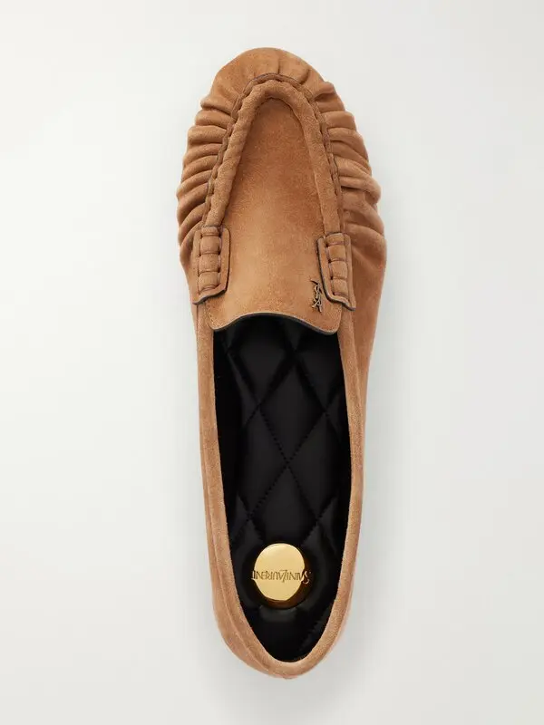 Saint Laurent Loaferino Gathered Suede Ballet Flats - Brown