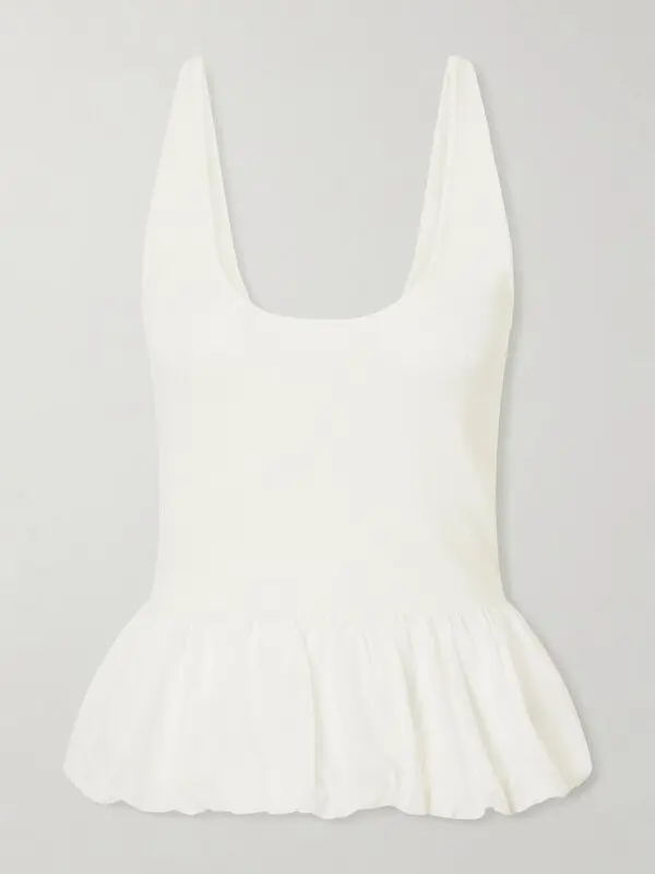 ST. AGNI Balloon Ballet Gathered Chiffon-trimmed Ribbed Tank - Neutrals
