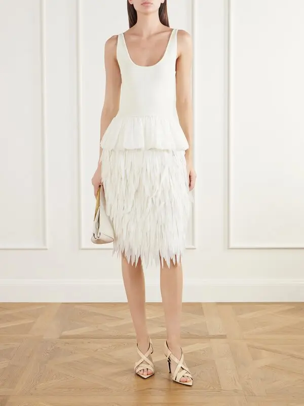 ST. AGNI Balloon Ballet Gathered Chiffon-trimmed Ribbed Tank - Neutrals