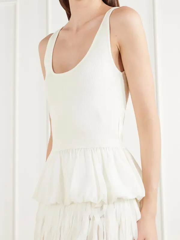 ST. AGNI Balloon Ballet Gathered Chiffon-trimmed Ribbed Tank - Neutrals