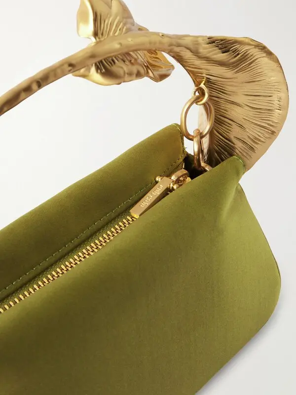 Cult Gaia Calla Gold-tone Floral-embellished Satin Top-handle Bag - Green