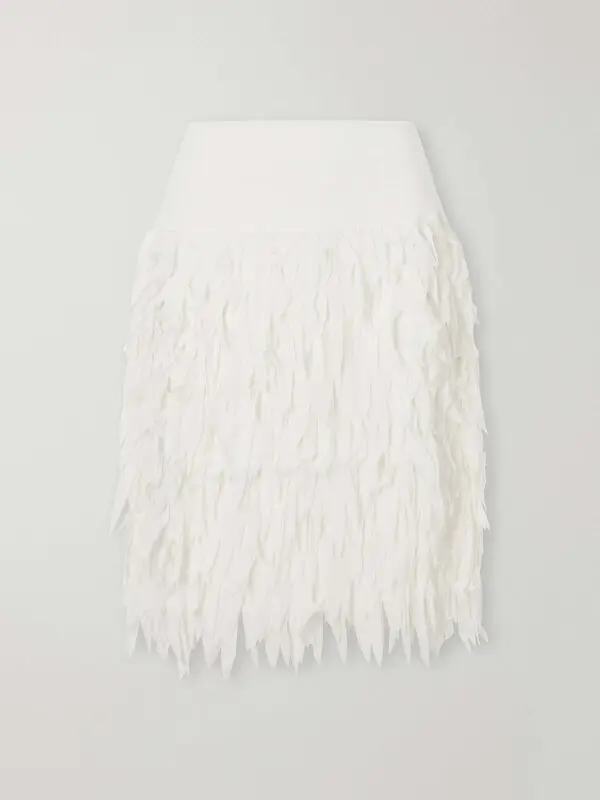 ST. AGNI Rib-trimmed Fringed Chiffon Midi Skirt - Cream