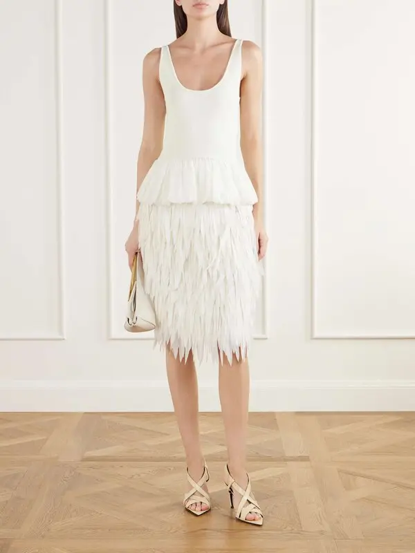 ST. AGNI Rib-trimmed Fringed Chiffon Midi Skirt