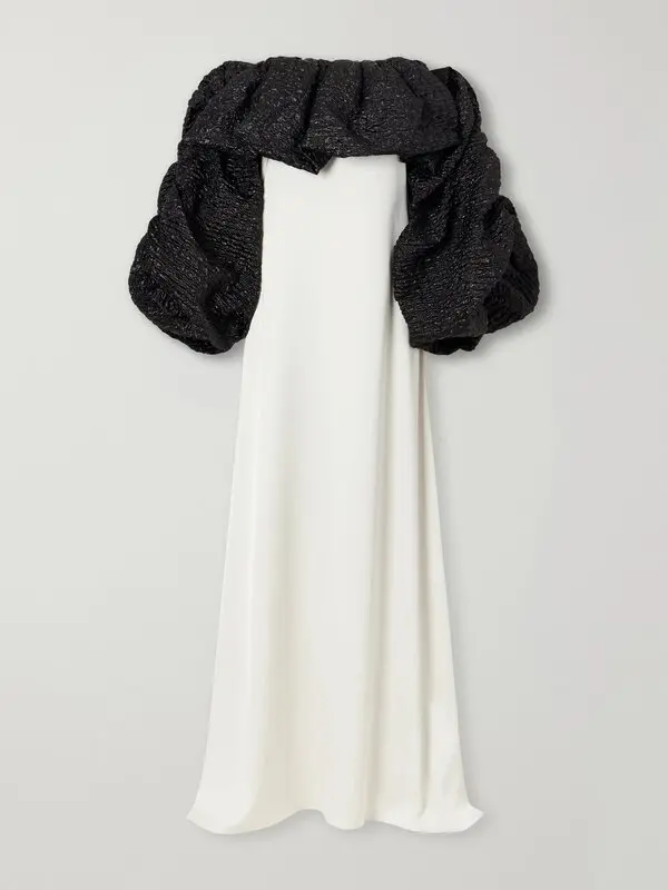 DIMA AYAD Off-the-shoulder Cloqué-trimmed Satin Gown - Neutrals