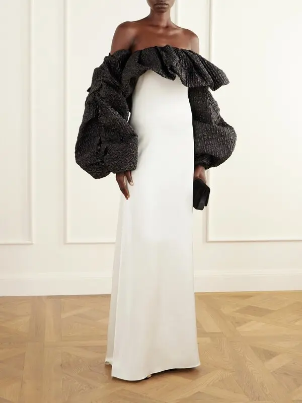 DIMA AYAD Off-the-shoulder Cloqué-trimmed Satin Gown - Neutrals