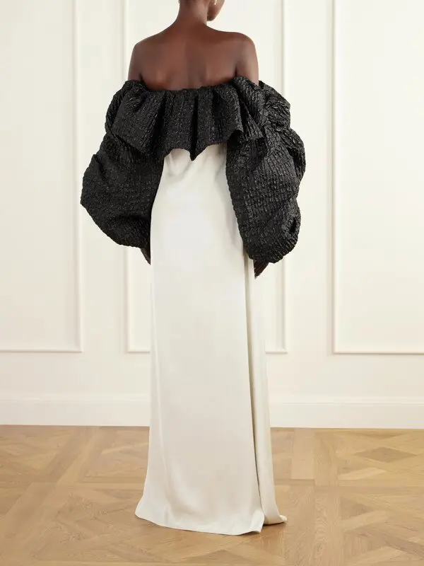 DIMA AYAD Off-the-shoulder Cloqué-trimmed Satin Gown - Neutrals