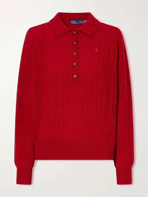 Polo Ralph Lauren Logo-embroidered Cable-knit Wool And Cashmere-blend Polo Sweater - Red