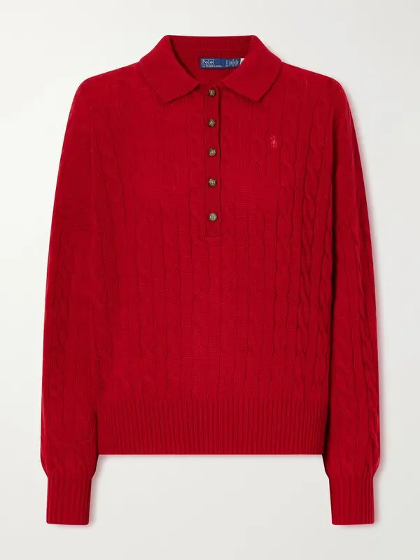 Polo Ralph Lauren Logo-embroidered Cable-knit Wool And Cashmere-blend Polo Sweater - Red