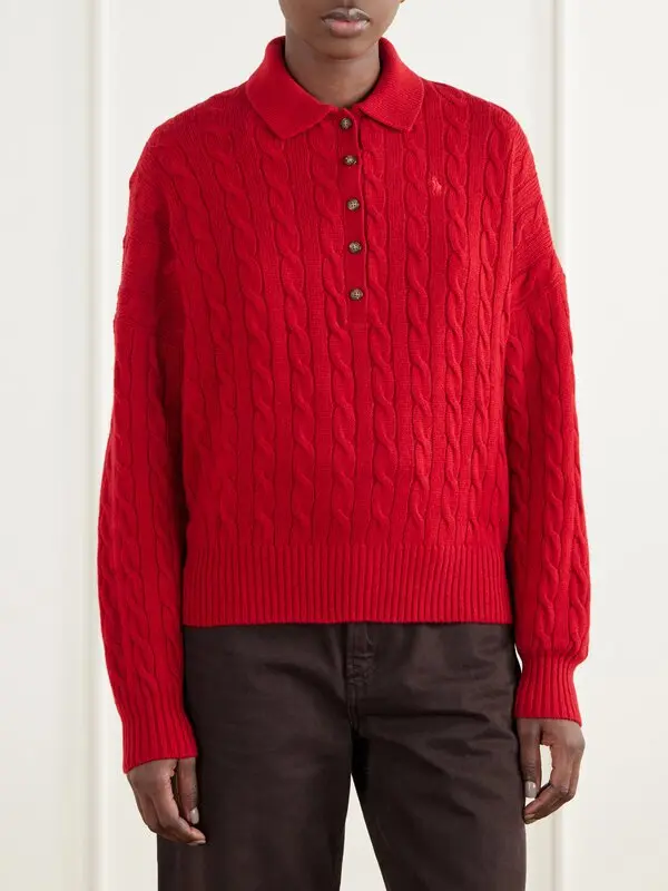 Polo Ralph Lauren Logo-embroidered Cable-knit Wool And Cashmere-blend Polo Sweater - Red