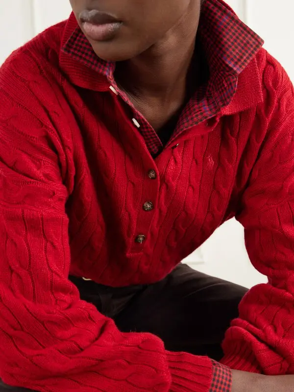 Polo Ralph Lauren Logo-embroidered Cable-knit Wool And Cashmere-blend Polo Sweater - Red