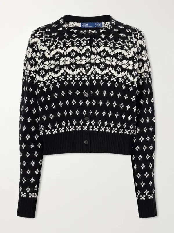 Polo Ralph Lauren Cropped Fair Isle Intarsia-knit Wool, Cotton And Alpaca-blend Cardigan - Black