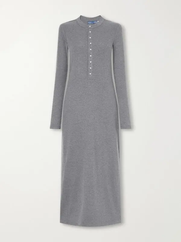 Polo Ralph Lauren Ribbed Lyocell-blend Jersey Henley Midi Dress - Gray